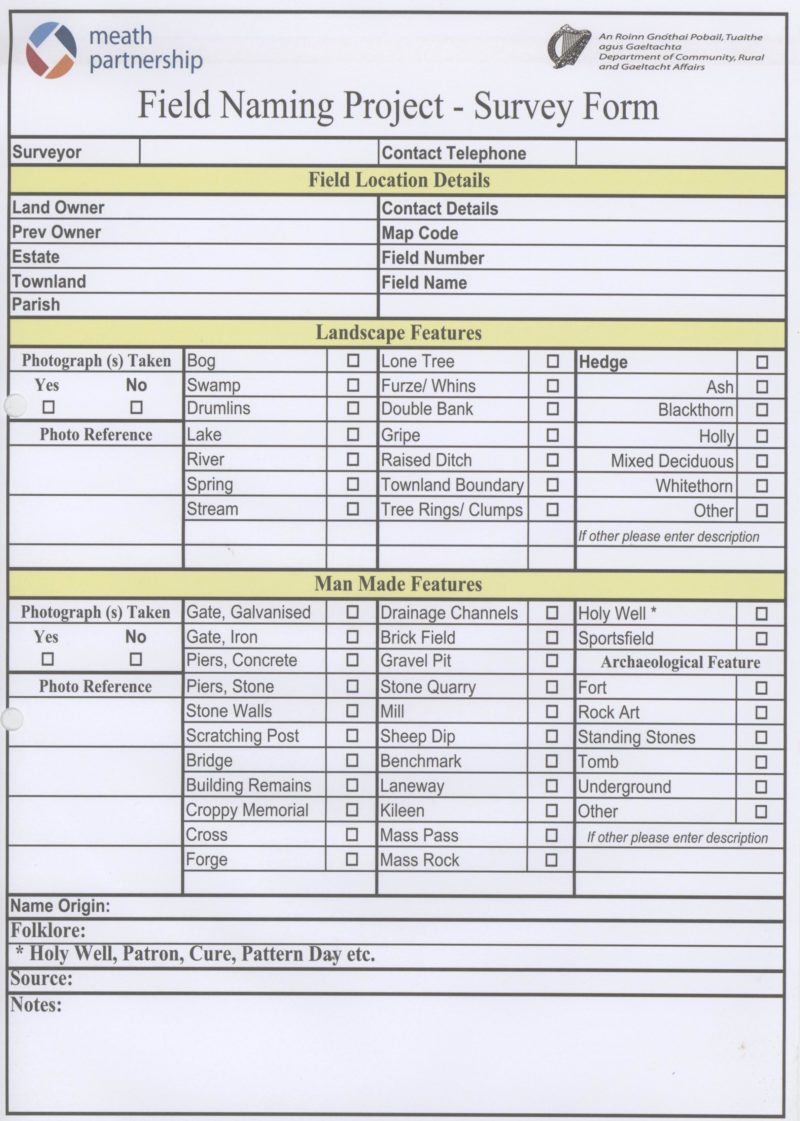 The Field Survey Form – Meath Field Names Project